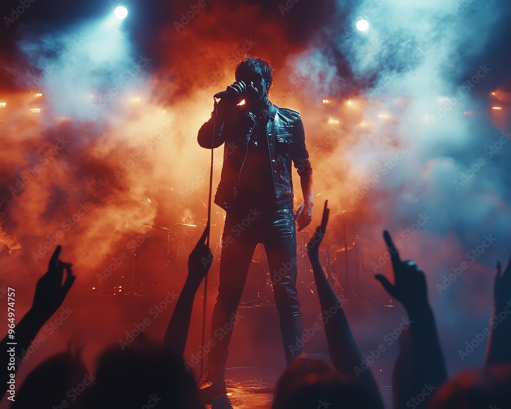 Rock band lead singer, making the rock hand gesture, on a smoky stage ...