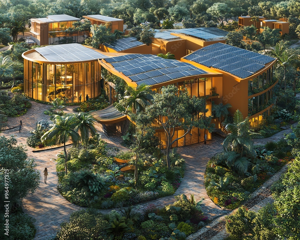 Green community center with sustainable architecture, including solar panels, rainwater ...