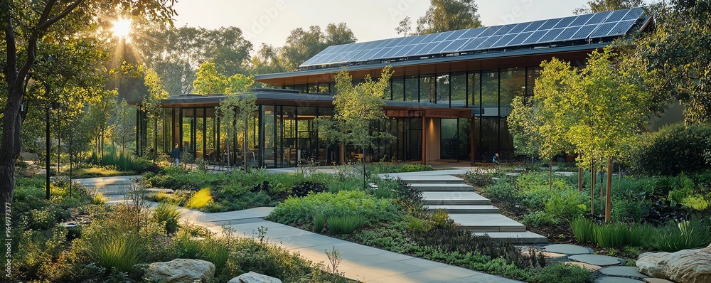 Green community center with sustainable architecture, including solar panels, rainwater ...