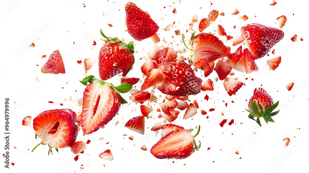Fresh strawberry slices breaking apart and flying through the air in a ...