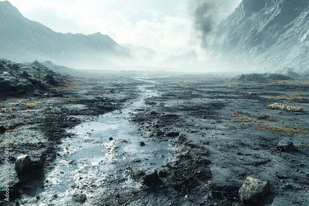A barren landscape where a river once flowed, now just dry earth and ...