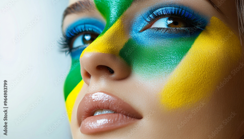 Portrait of a beautiful woman with her face painted in the colors of ...