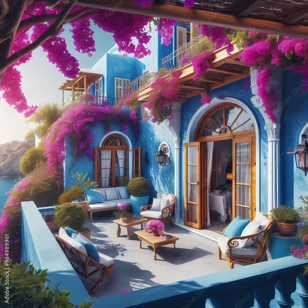 luxurious terrace of house on Greta island, blue stucco wall ...