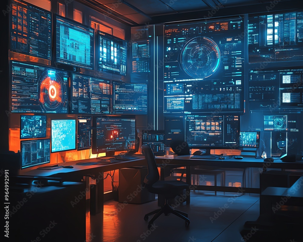 Hightech Cybersecurity Office Dealing With An Insider Threat Showing Realtime Monitoring