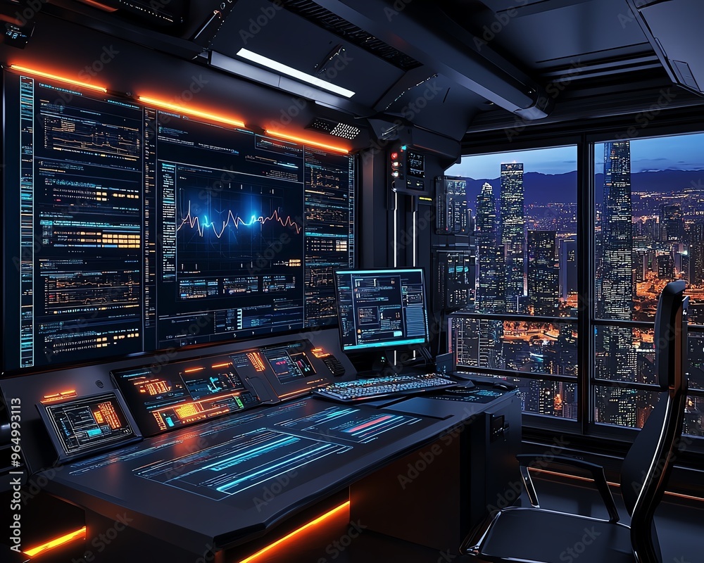 Hightech information security setup with interactive dashboards ...