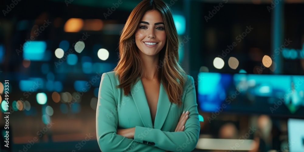 Exciting and Dynamic Modern Hispanic Female News Anchor in a Soft Green ...