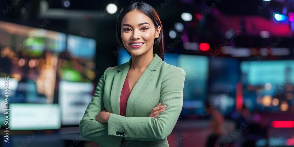 Exciting and Dynamic Modern Hispanic Female News Anchor in a Soft Green ...