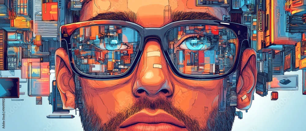 Detailed illustration of a nerd face with thickrimmed glasses, a ...