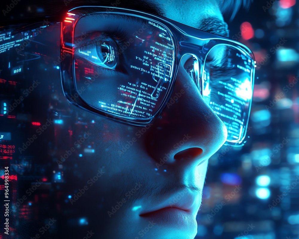 Futuristic nerd face with sleek glasses, a thoughtful expression, and a ...