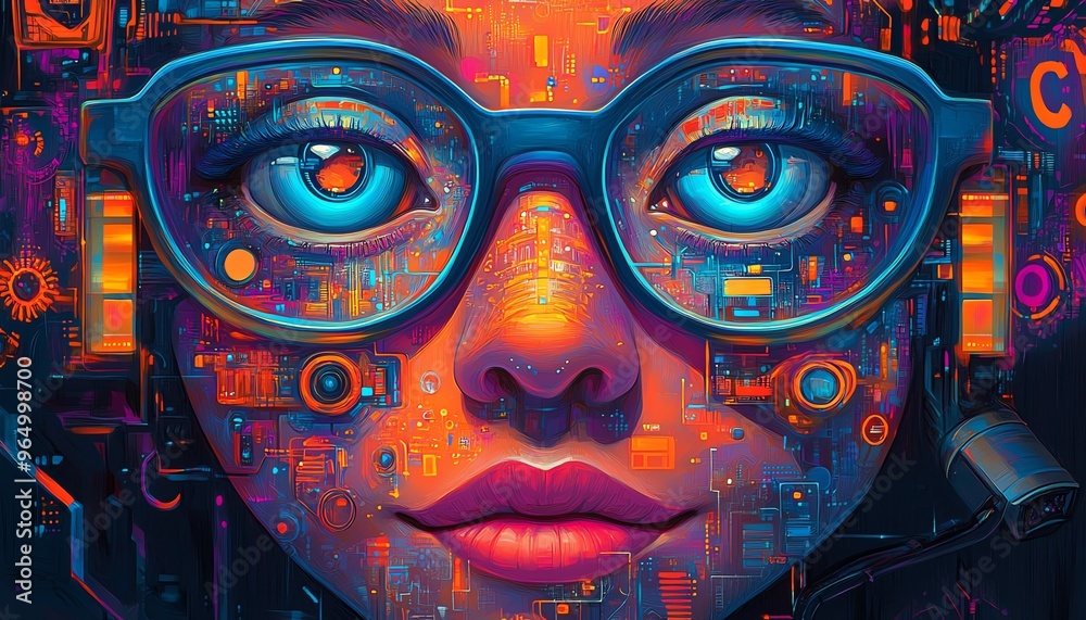 Stylized nerd face with large glasses, a quirky smile, and digital ...