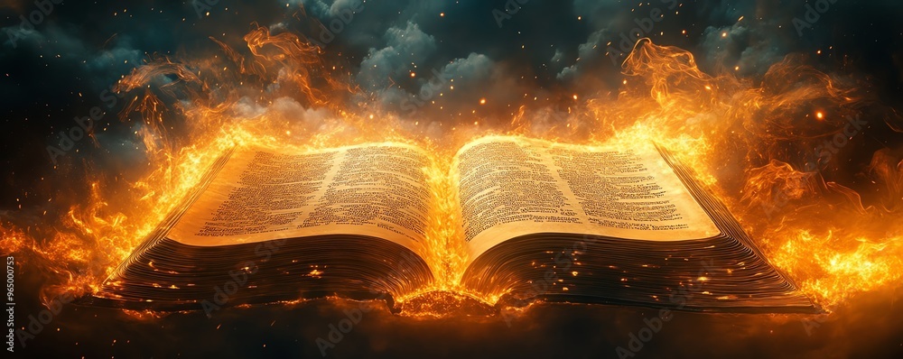 Glowing open scroll with the Bible, Book of Revelation, eschatological ...