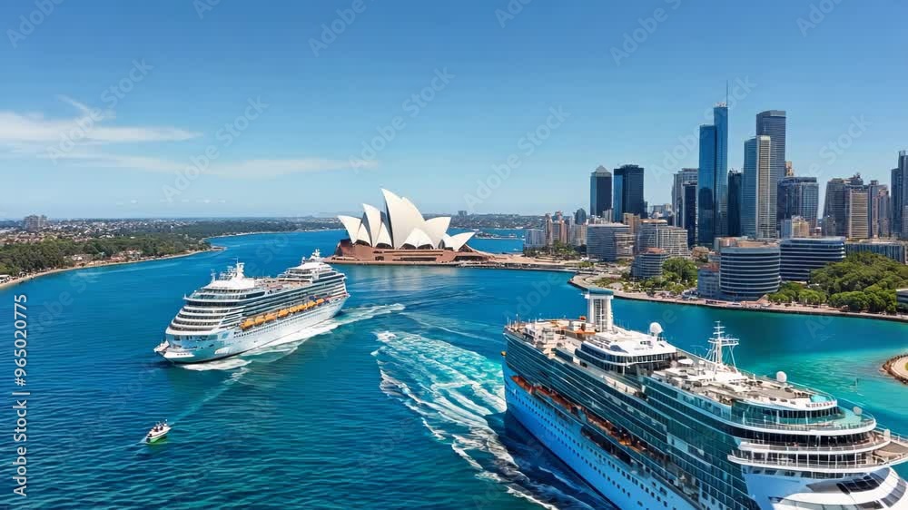 Vibrant harbor bustling with cruise ships. Clear blue waters contrast ...