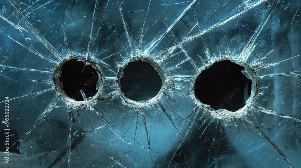 Three bullet holes in a glass pane, with overlapping cracks and splintered edges, capturing the ...