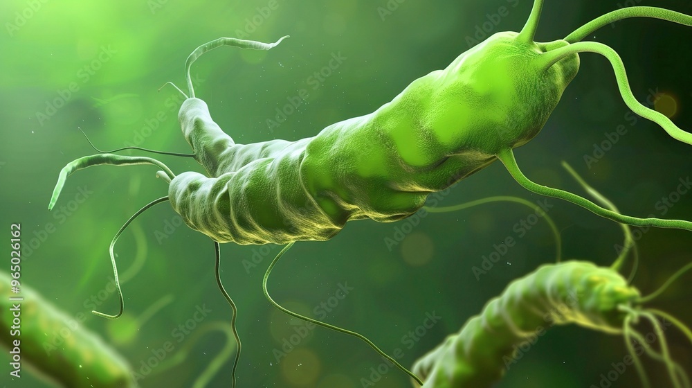 A close - up view of Helicobacter pylori. The bacteria are shown in ...