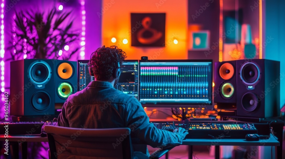 Music Production Studio, A producer working at a computer, with ...