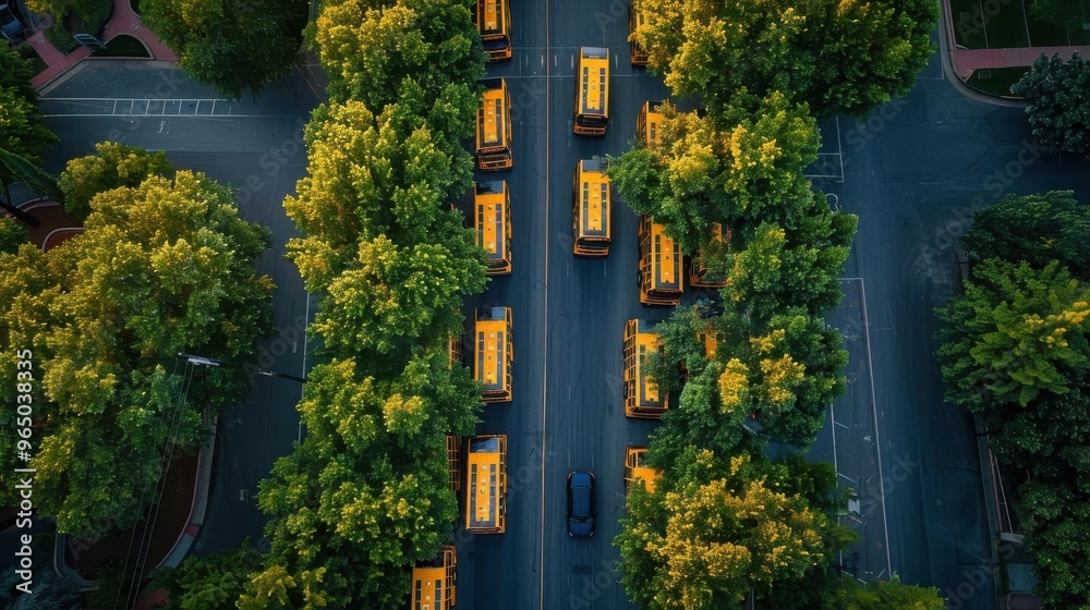 Aerial view of yellow school buses lining a tree-lined street ...