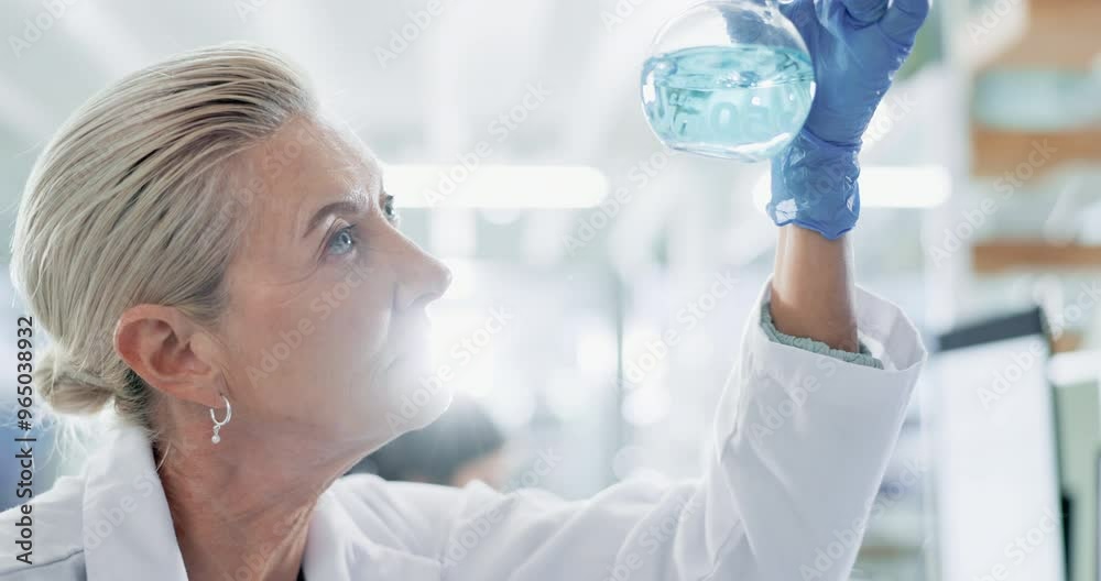 Woman, beaker and chemical shake in laboratory, mature scientist and ...