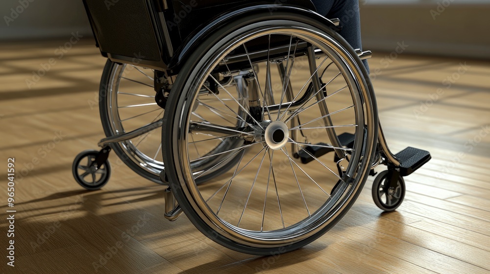 Wheelchair wheel, with hand gripping the rim, hardwood floor background ...