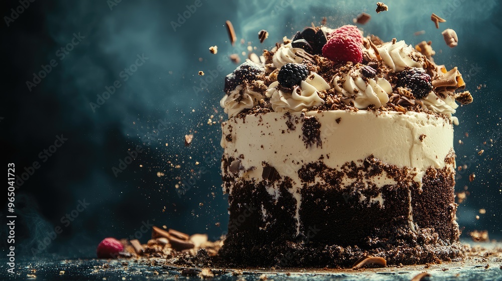 Crashed cake with a broken top layer and scattered toppings, captured ...