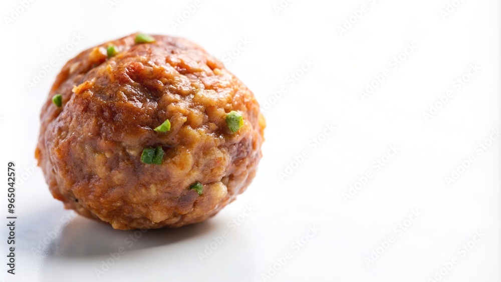 A single cooked meatball viewed up close is pictured on a plain white ...