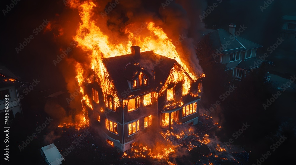Aerial night view of a burning house, fire consuming the structure ...