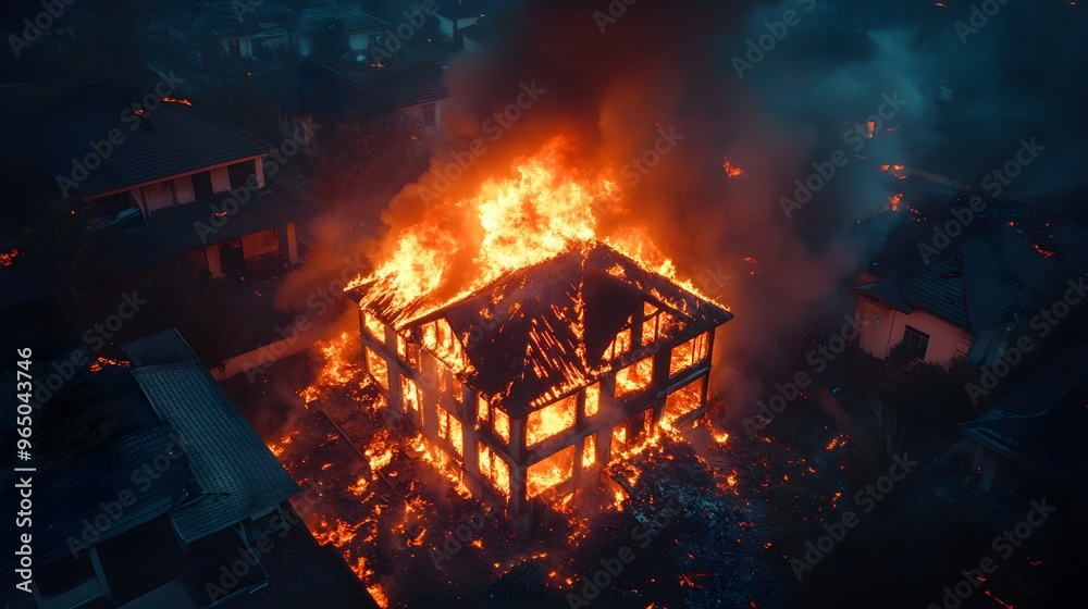 Aerial night view of a burning house, fire consuming the structure ...