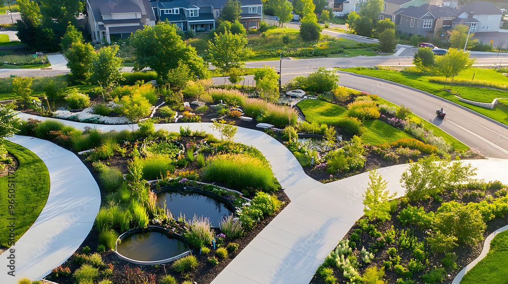 This aerial view showcases a green infrastructure project with rain ...