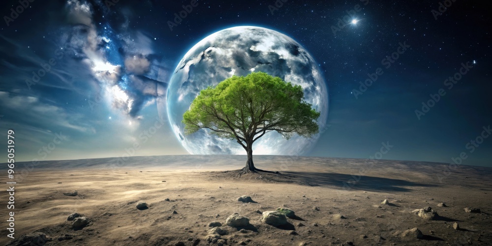 Tree growing on the barren surface of the moon, moon, space, surreal ...