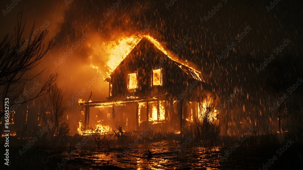 Heavy rainstorm at night with a house fire, water and flames clashing ...
