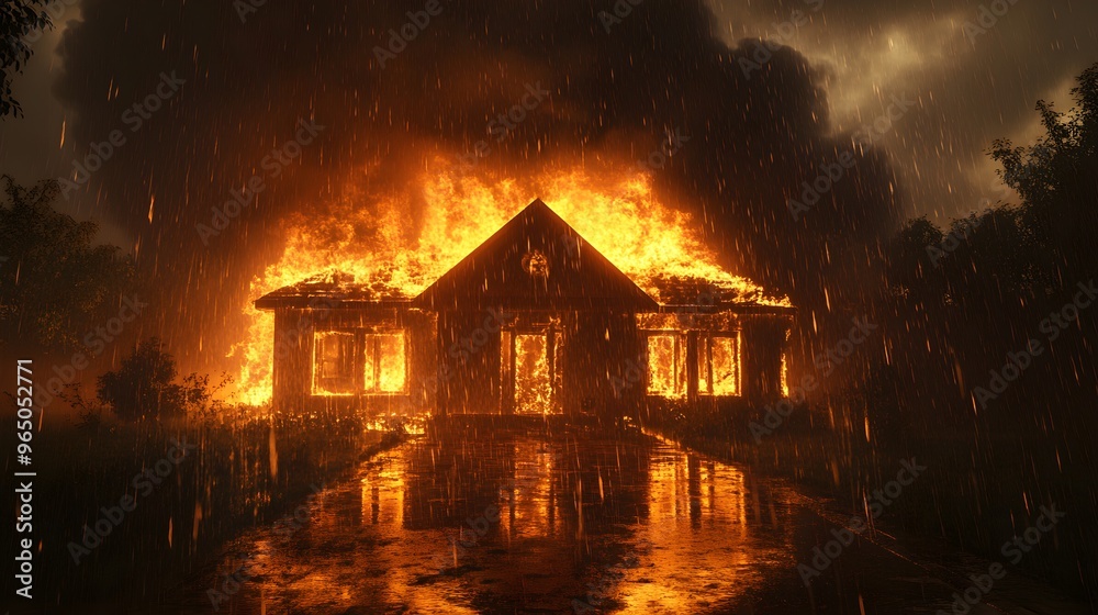 Heavy rainstorm at night with a house fire, water and flames clashing ...