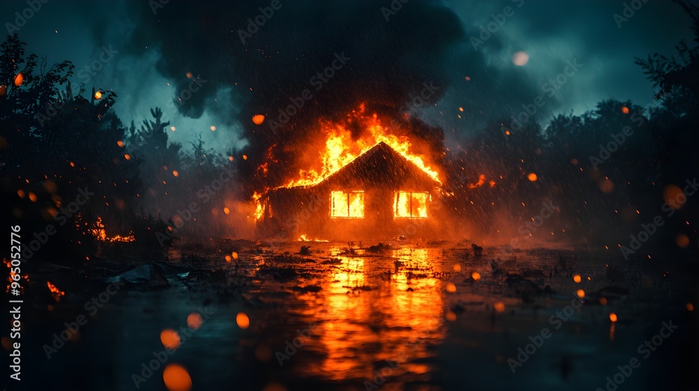 Heavy rainstorm at night with a house fire, water and flames clashing ...