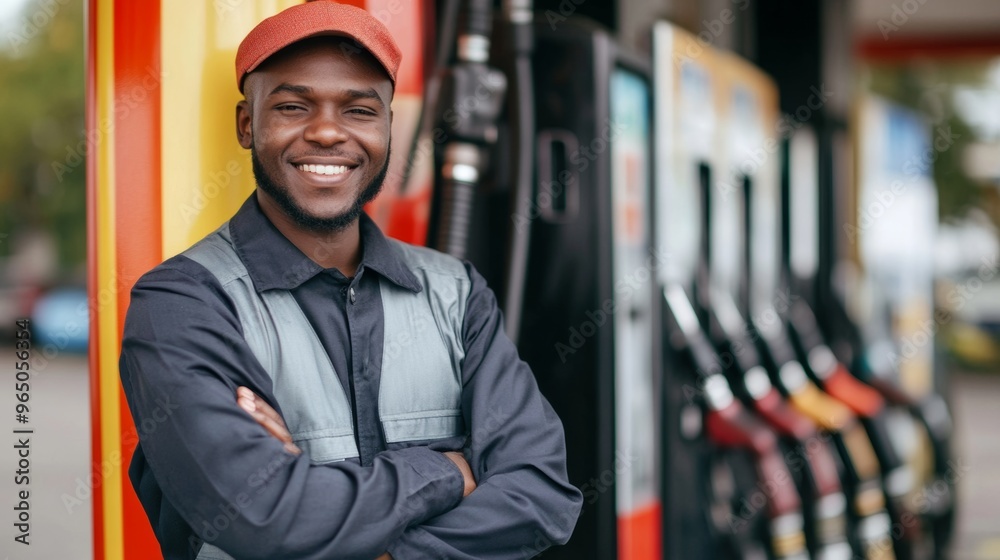 A smiling gas station attendant wearing a red cap and uniform stands ...
