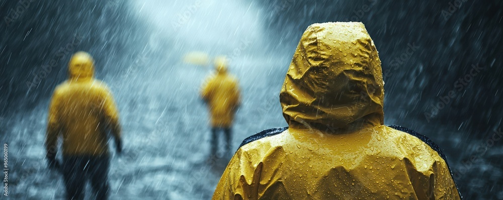 People in raincoats braving a heavy storm, showcasing preparedness and ...