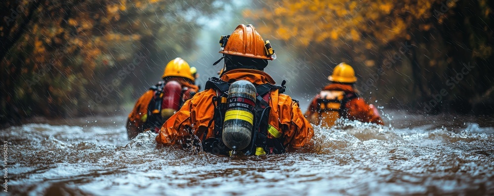 Firefighters in action during a flood, assisting with evacuation and ...