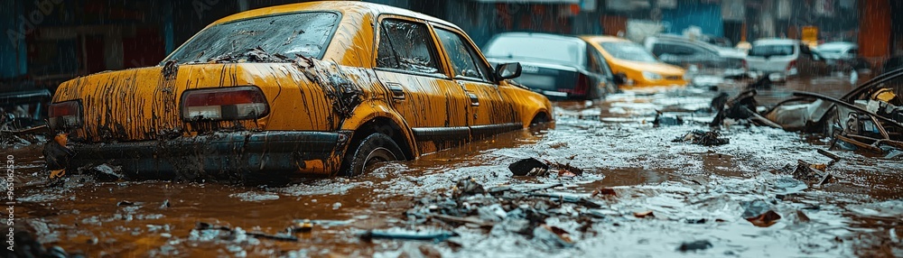 Flooded area with vehicles completely submerged, visible damage and ...