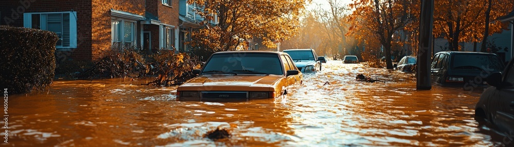Flooded area with vehicles completely submerged, visible damage and ...