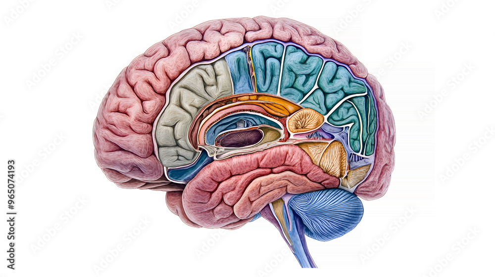 detailed brain illustration with labeled sections, including the ...