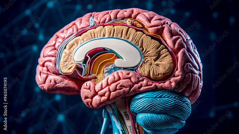detailed brain illustration with labeled sections, including the ...