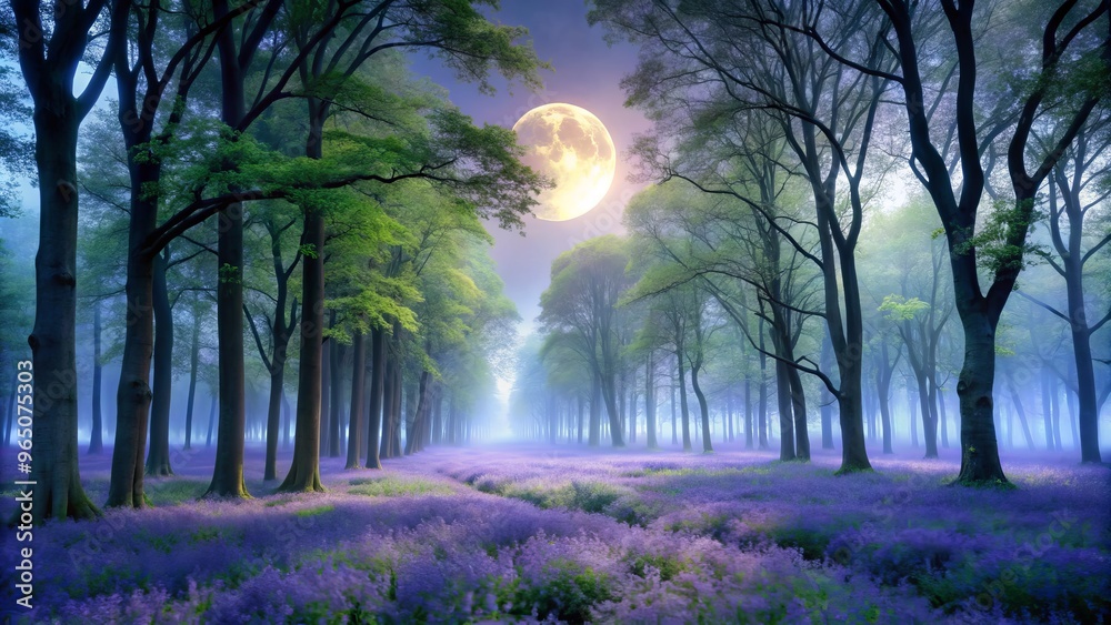 In the still of night, a serene moonlit forest glade is shrouded in ...