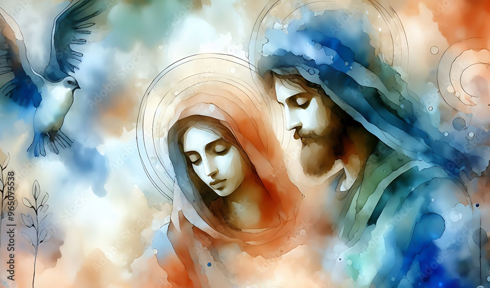 Watercolor painting and illustration of Joseph and Maria. Digital ...