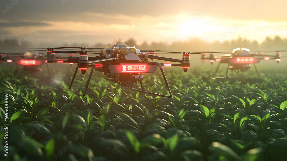 fleet of IoT-connected autonomous drones spraying pesticides and ...
