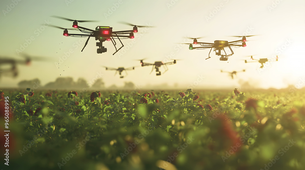 fleet of IoT-connected autonomous drones spraying pesticides and ...