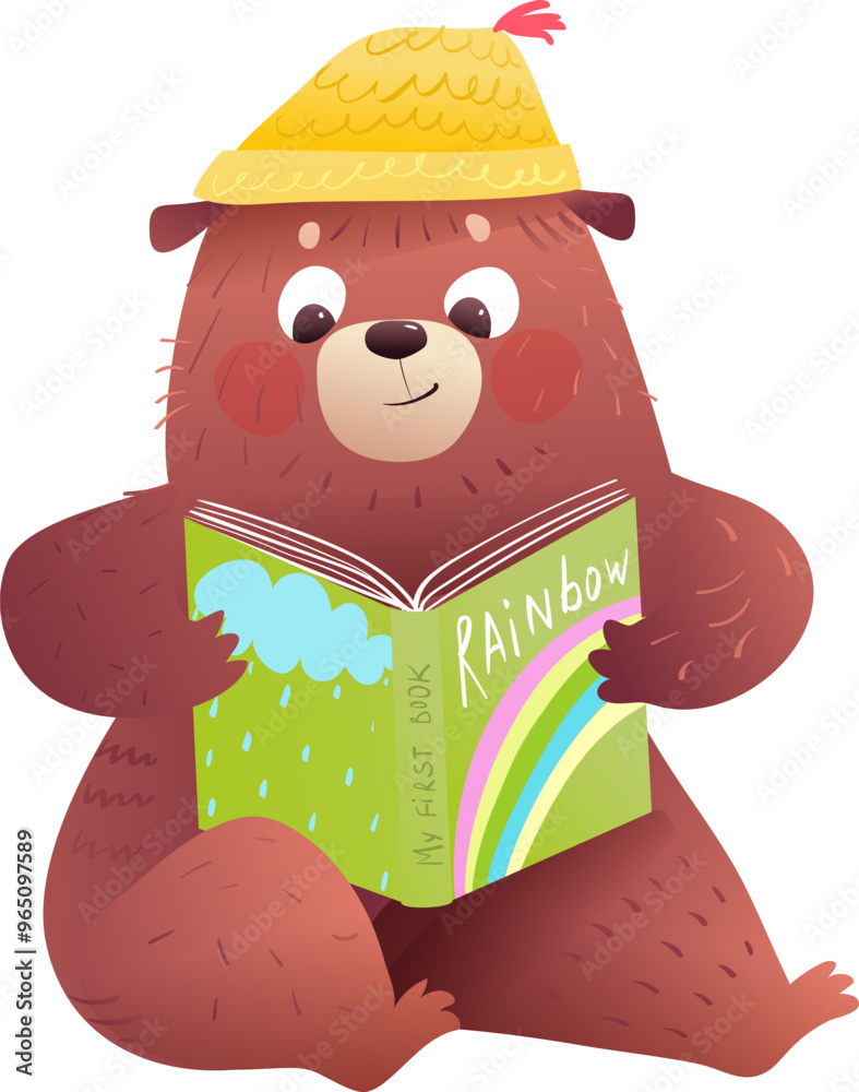 Vetor de Funny Bear reading a book about rainbow, cute kids library and ...