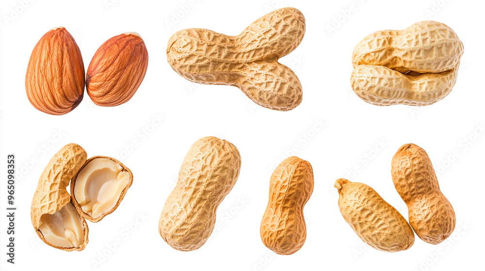 ภาพประกอบสต็อก Variety of nuts displayed with almonds and unshelled ...
