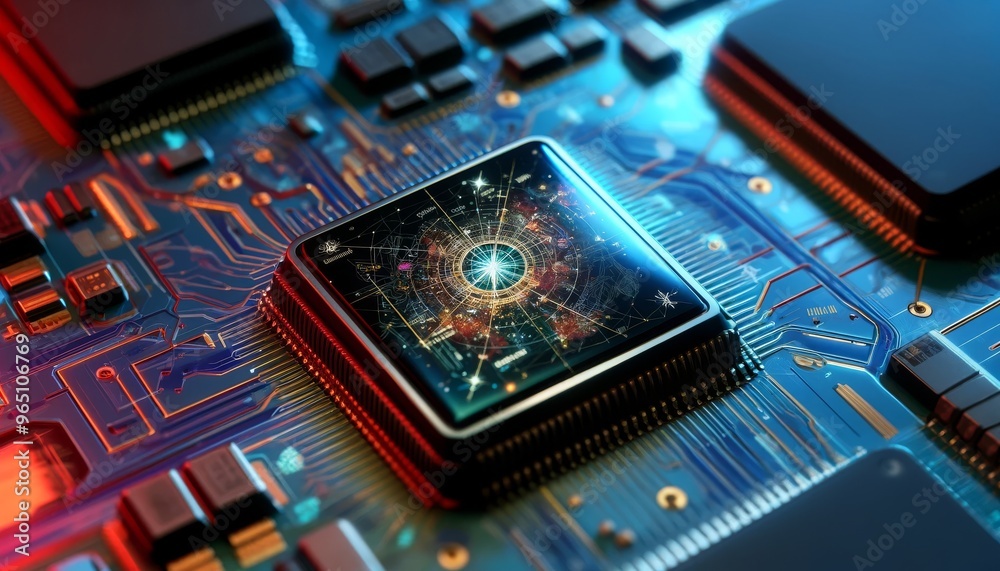 A close-up image of a navigation chip used in space exploration ...