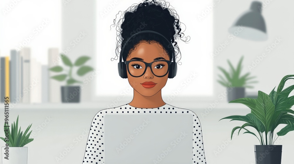 Focused Flow: A young Black woman, adorned with glasses and headphones ...