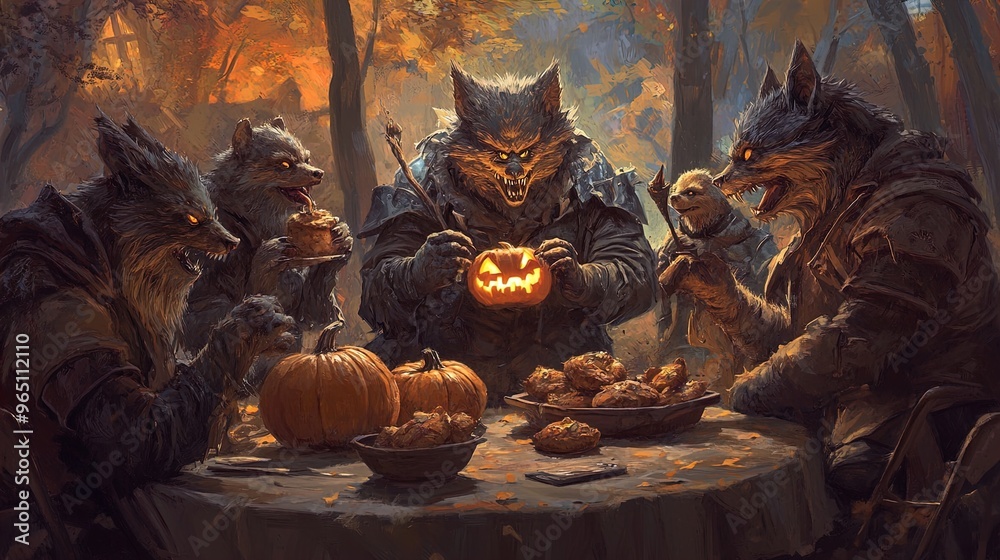 A group of anthropomorphic werewolves are gathered around a round table ...