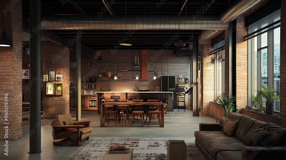 Industrial-style loft with exposed brick walls, metal fixtures, and a ...