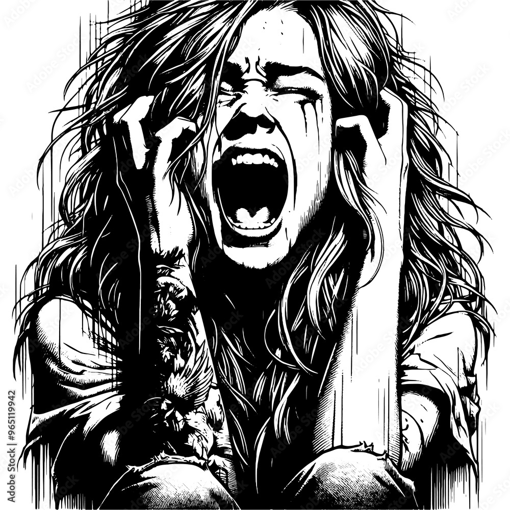 Distressed person screaming with hands on head in black and white ...