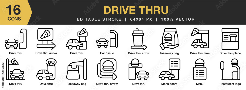 Drive Thru icon set. Editable Stroke Icon Collection. Includes rubber ...
